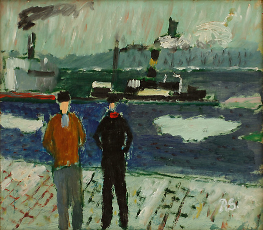 RAGNAR SANDBERG (1902-1972). Figurer vid Göteborgs hamn. Olja på pannå ...