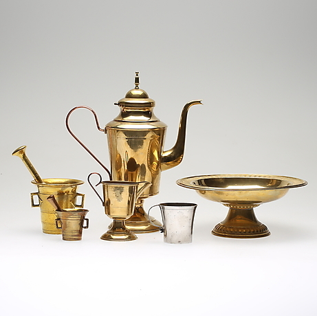 METAL OBJECTS, 6 pieces, brass, copper and nickel silver, including ...