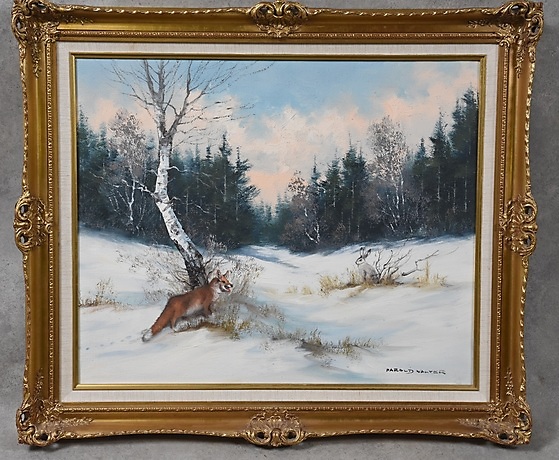 HARALD WALTER. oil on canvas, Fox in winter landscape " signed. Art ...