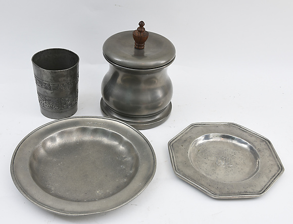 GROUP OF FOUR OLD TIN OBJECTS, some marked France/Holland/Germany, 18th ...