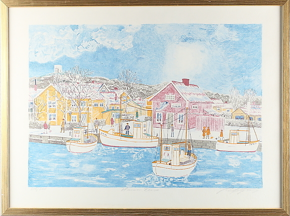 CURT SJÖBERG. "Hamnen Trosa", color lithograph, signed and numbered 232 ...