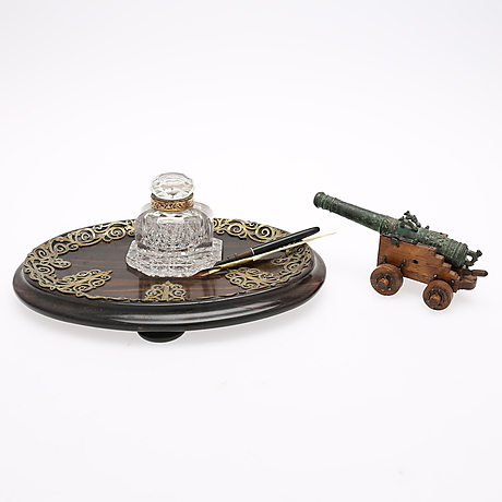 DESK, INKHORN and, replica TABLE CANNON, 2 PENCILS, 20TH CENTURY ...