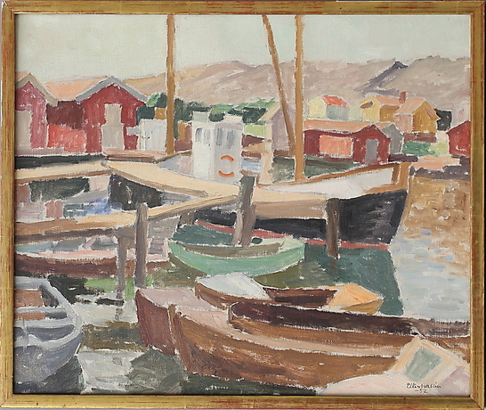 ELLIS WALLIN. "Black and White Boat". Oil on canvas, signed and dated ...