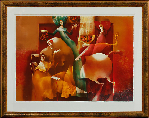 JOSEP BAQUES. Still life with figures, color lithograph, signed and ...