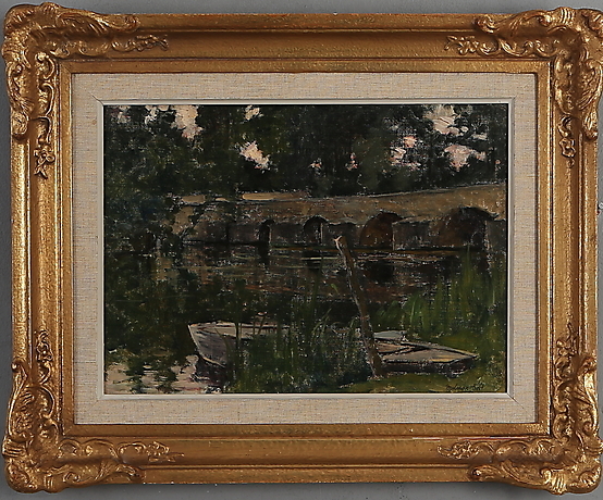 JOSEF MILNER KITE. Óleo sobre Tabla, motivo con puente y roble, firmado ...