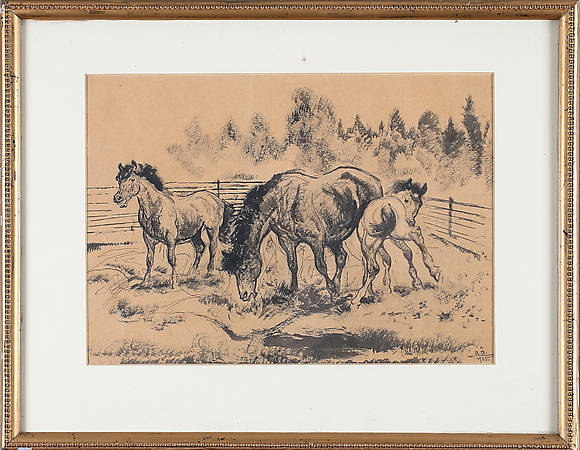 ACKE ÅSLUND. Horse paddock, drawing, ink, signed and dated 1925. Art ...