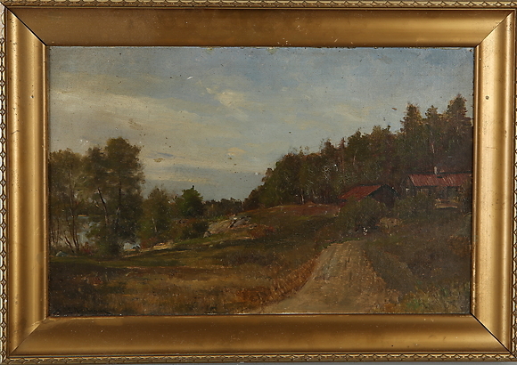 ERIK ABRAHAMSSON. Landscape with cottages, oil on Board, signed. Art ...