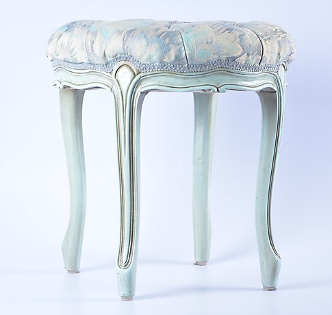 STOOL, round, rococo style, 20th century. Dove blue with button placket ...