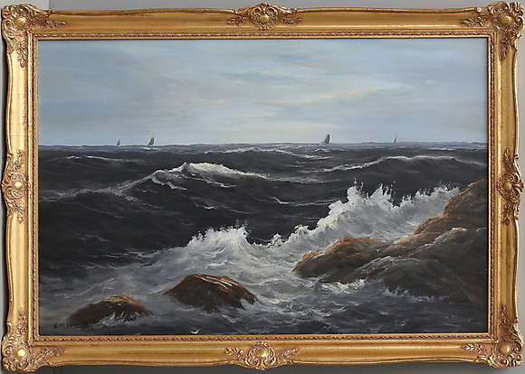 LARS NORBERG. Kustbild med segelbåtar. Olja på duk, signerad. Konst ...