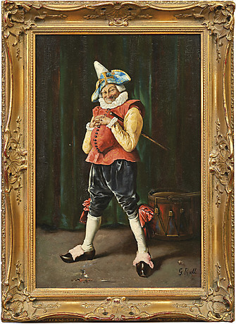 GEORGE RALL. Old harlequin with a drum in front of the theater curtain ...
