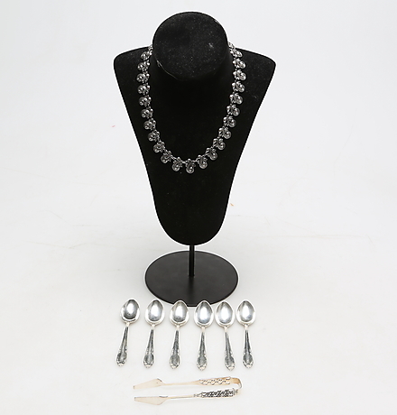 SPOONS, NECKLACE, SUGAR TONGS, 8 parts, silver, including Princess ...
