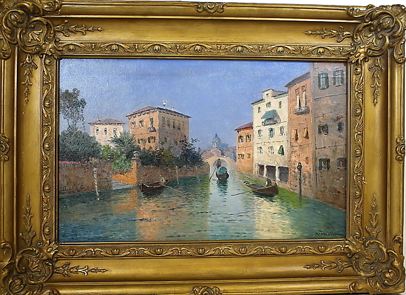 OIDENTIFIERAD KONSTNÄR. oil on canvas, Gondolas in Venice, signed R ...