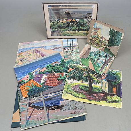 MAX MARCUS. mapp med ca 20 st akvareller, skisser, signerade. Konst ...