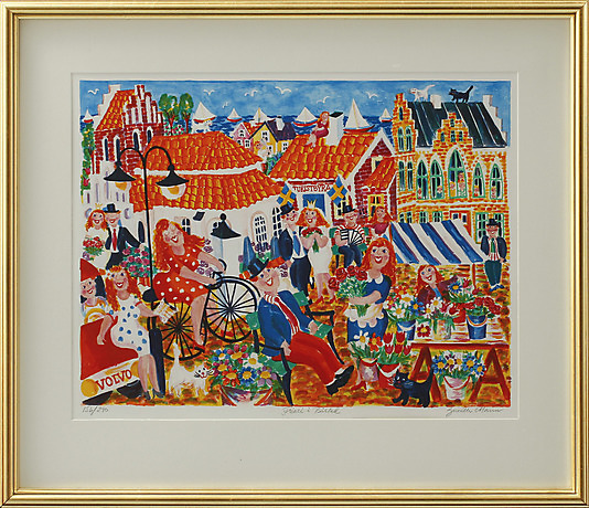 GUNILLA MANN. City motif with figures, lithography, signed and numbered ...