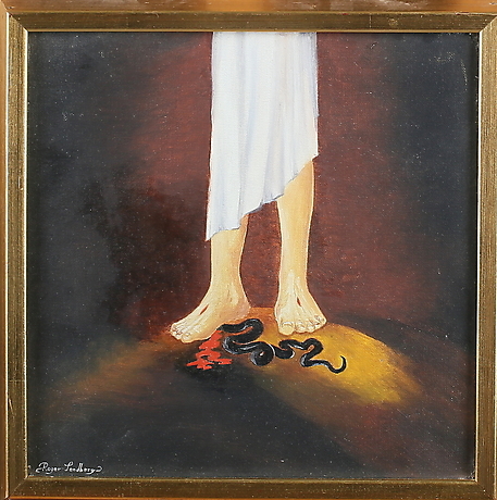 ROGER SANDBERG. Motiv med död orm, olja på duk, signerad. Konst ...