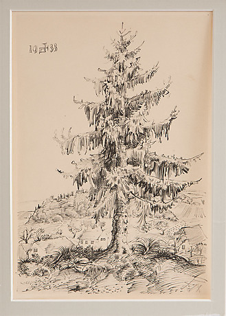 OTTO DIX. Study of a conifer, pen and ink lithograph on paper, framed ...
