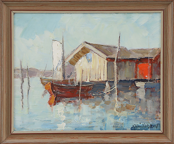 KNUT NORMAN. Fishing harbour, oil on Board, signed. Art - Paintings ...