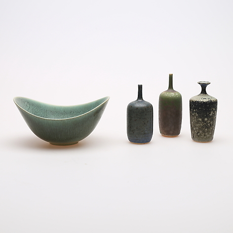 STONEWARE OBJECTS, 4 pcs. glazed, 3 pcs. vases marked Palm, Mölle and ...