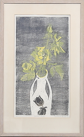 RANDI KJERSTAD BULL. "Yellow roses". Woodcut, signed, numbered 7/8 and ...