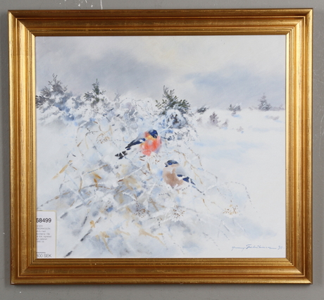HENRY FREDRIKSSON. Motif with bullfinches. Oil on canvas, signed and ...
