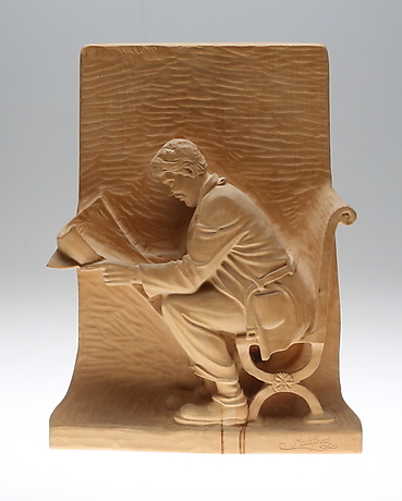 MALLFRED KERESTURI. "On a park bench". Sculpture, carved wood, signed ...