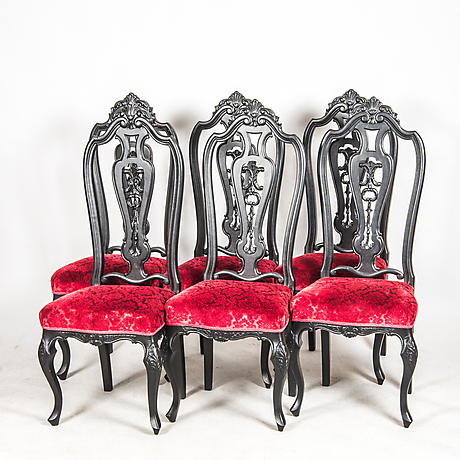 CHAIRS, 6 pieces, painted black with sculpted plush, Rococo style, 20th ...