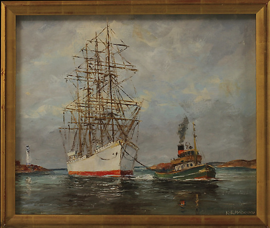KURT ERIK HEINONEN. "Viking is towed in to Lilla Bommen", oil on canvas ...
