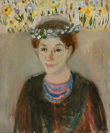NILS NILSSON (1901-1949). Portrait of girl with flower wreath. Oil on ...