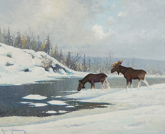 EJNAR KOHLMANN. Moose in a winter landscape, oil on canvas., signed ...