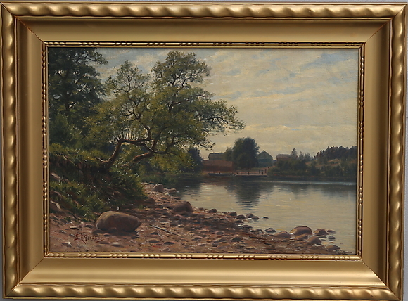 PETER ADOLF PERSSON. Landskap med vattendrag och hus, signerad, olja ...