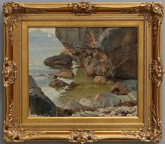 GUSTAF RYDBERG. Beach with stones and sailboat in the background. Art ...