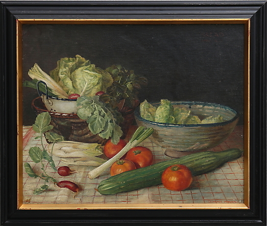 LAURENCE PERUGINI. Oil on canvas, pasted on Board, "April salad" signed ...