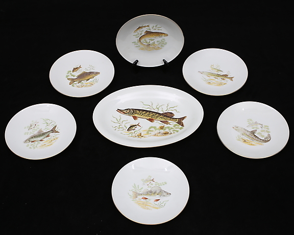 FISH PLATES, 7 pieces, porcelain, Mitterteich, Bavaria. Ceramics ...