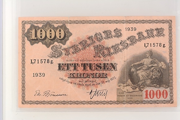 SEDEL, 1000 kr, 1939, Sverige. Mynt, Medaljer & Frimärken - Övrigt ...