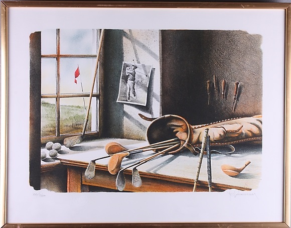 NILS E. JOHANSSON. color lithograph, golf motif, numbered 100/360 and ...