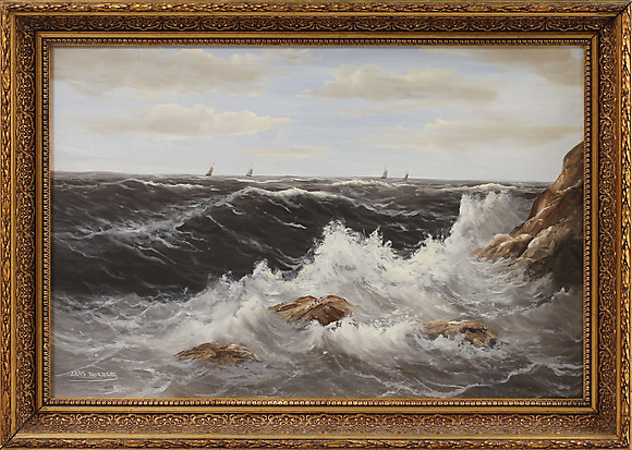 LARS NORBERG. Coastal view with boats, oil on canvas, signed. Art ...