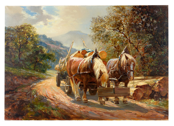 HANS NICKEL. Rast am Langholzwagen. Kunst & Gemälde - Gemälde - Auctionet