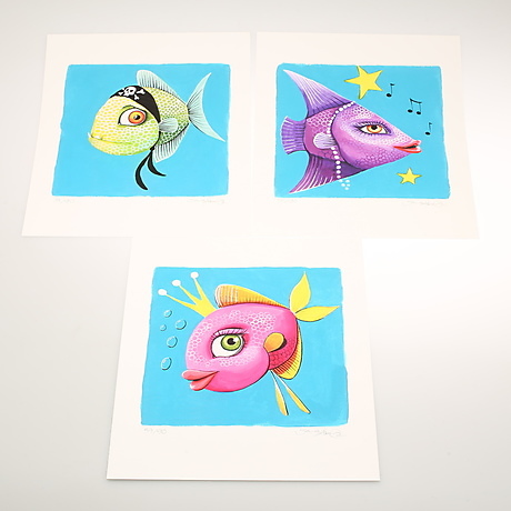 SARA ÅBERG. FÄRGLITOGRAFIER, 3 stycken, signerade och nummrerade. Konst ...