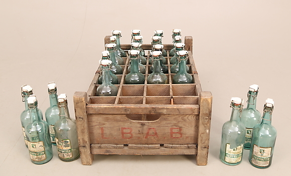 BOTTLE BACK, wooden, "LBAB", 24 compartments, incl. 24 glass bottles ...