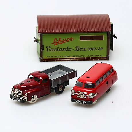 SCHUCO VARIANTO lastbil 3042, buss 3044 och garage. U.S.-zone. Leksaker ...