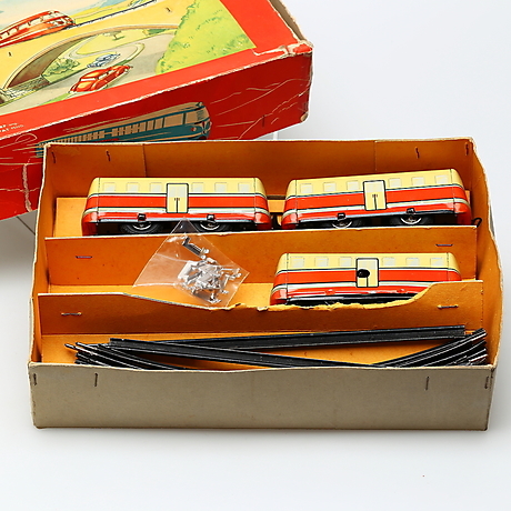 KEIM Monotrack, locomotive and two carriages, rails, clockwork ...