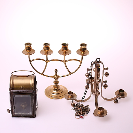 CARBIDE LANTERN + CANDLE STAKE + CHANDELIER, all 1900s. Lighting ...