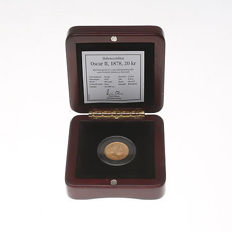 GOLD COIN, Oscar II, 1878, SEK 20, Certificate, 90% gold, 8.96 grams ...