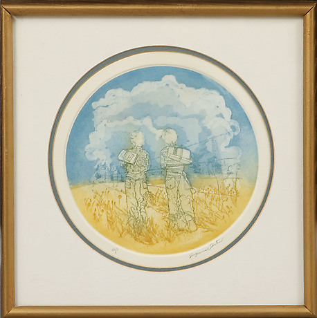 VIRGINIA CURTIN. Figure scenes, 2 pcs., etchings, signed. Art ...