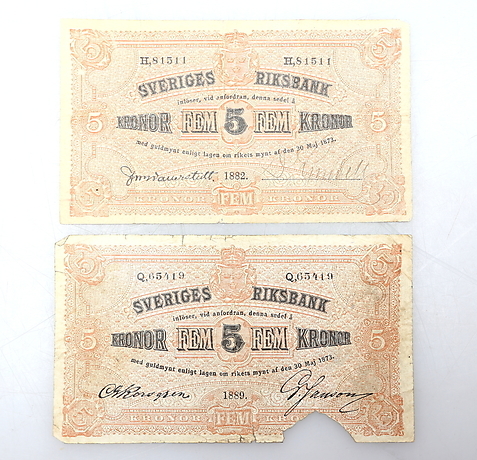 BANKNOTES, SEK 5, 1882 and 1889, Sweden. Coins, Medals & Stamps - Coins ...