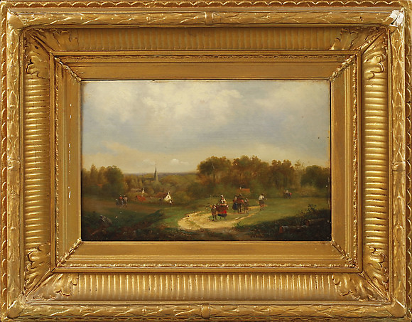 OIDENTIFIERAD KONSTNÄR. Landscape with figures, oil on Board, signed C ...