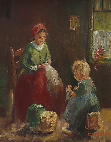 NICOLAI COSTER. Interior with woman and child, oil on canvas, signed ...