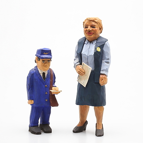 FIGURINES, 2 carved wood, postman, signed BA, dated -78. Art ...