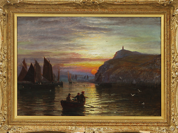 JOHN HOLLAND JUNIOR. Coastal picture with boats and figures, oil on ...