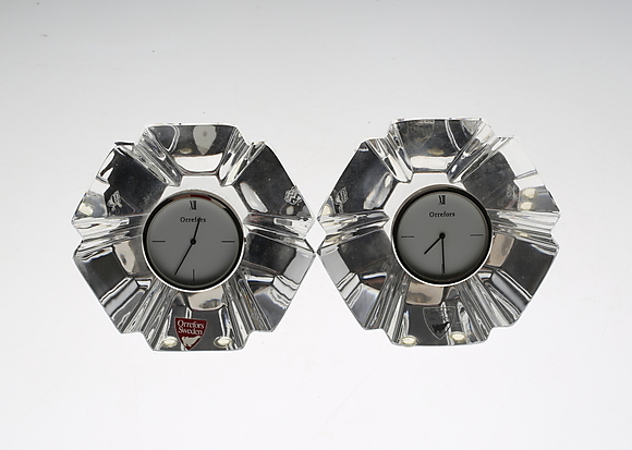 TABLE CLOCK, a pair, glass, "Orion", Lars Hellsten, Orrefors. Clocks ...